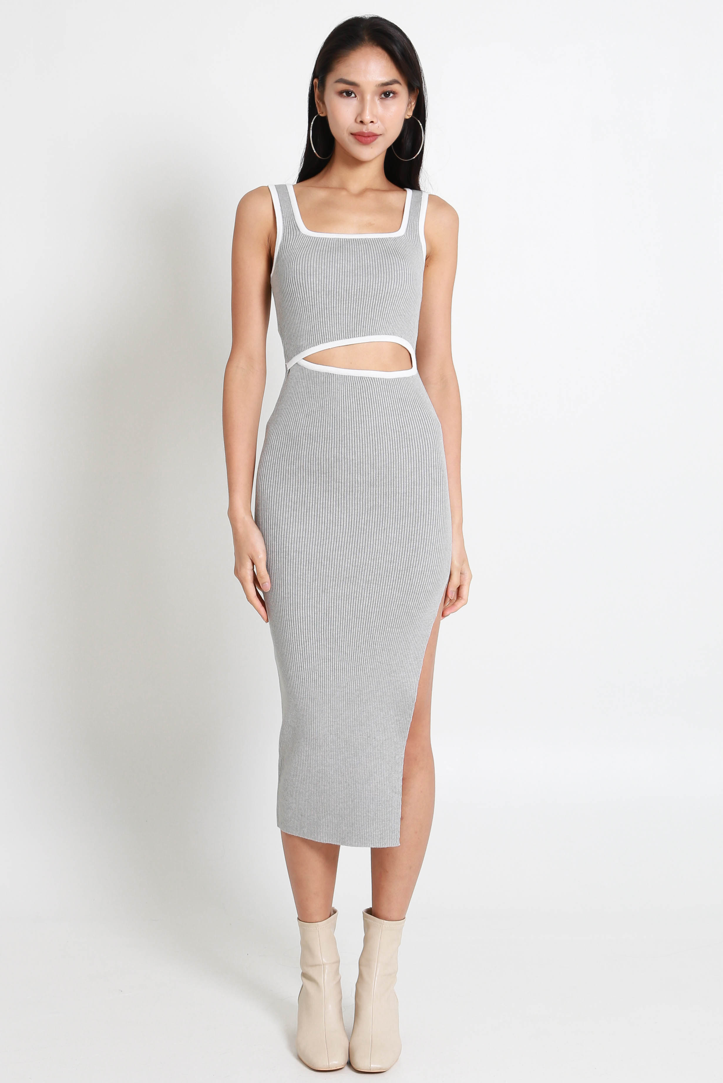 Outline Square Neck Cutout Dress (Grey) | Carrislabelle