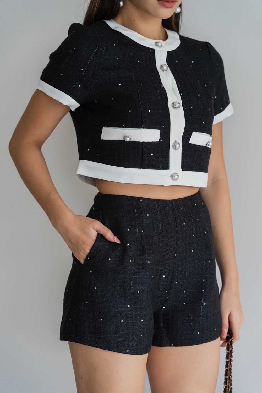 Mandy Sparkly Tweed Shorts (Black) | Carrislabelle