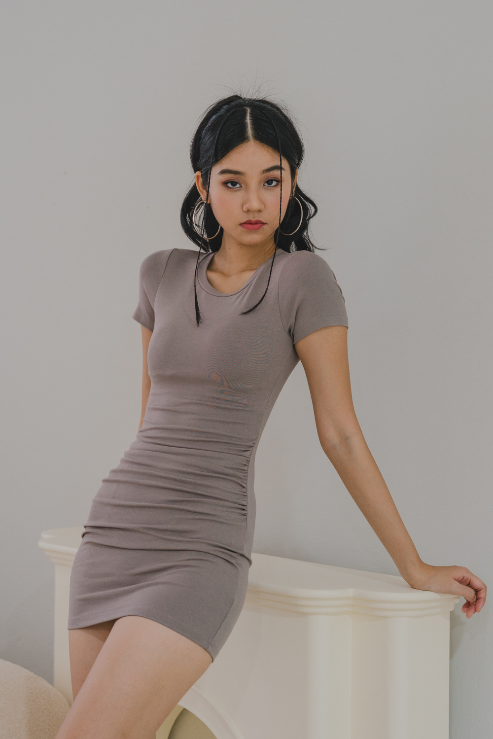 *Lite* Kyree Ruched Mini Dress (Light Taupe) | Carrislabelle