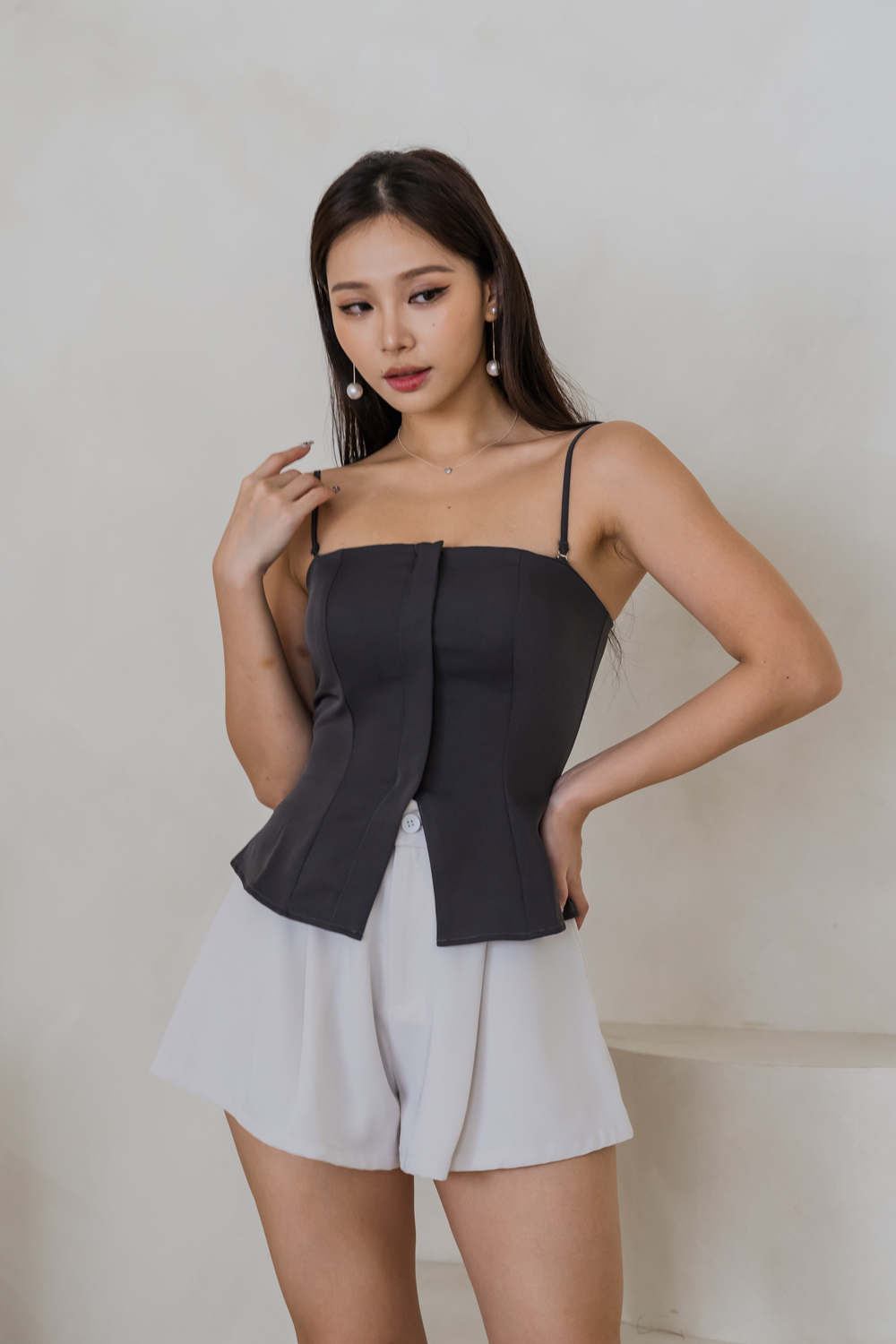 Alethia Padded Front Slit Top (Gunmetal) | Carrislabelle