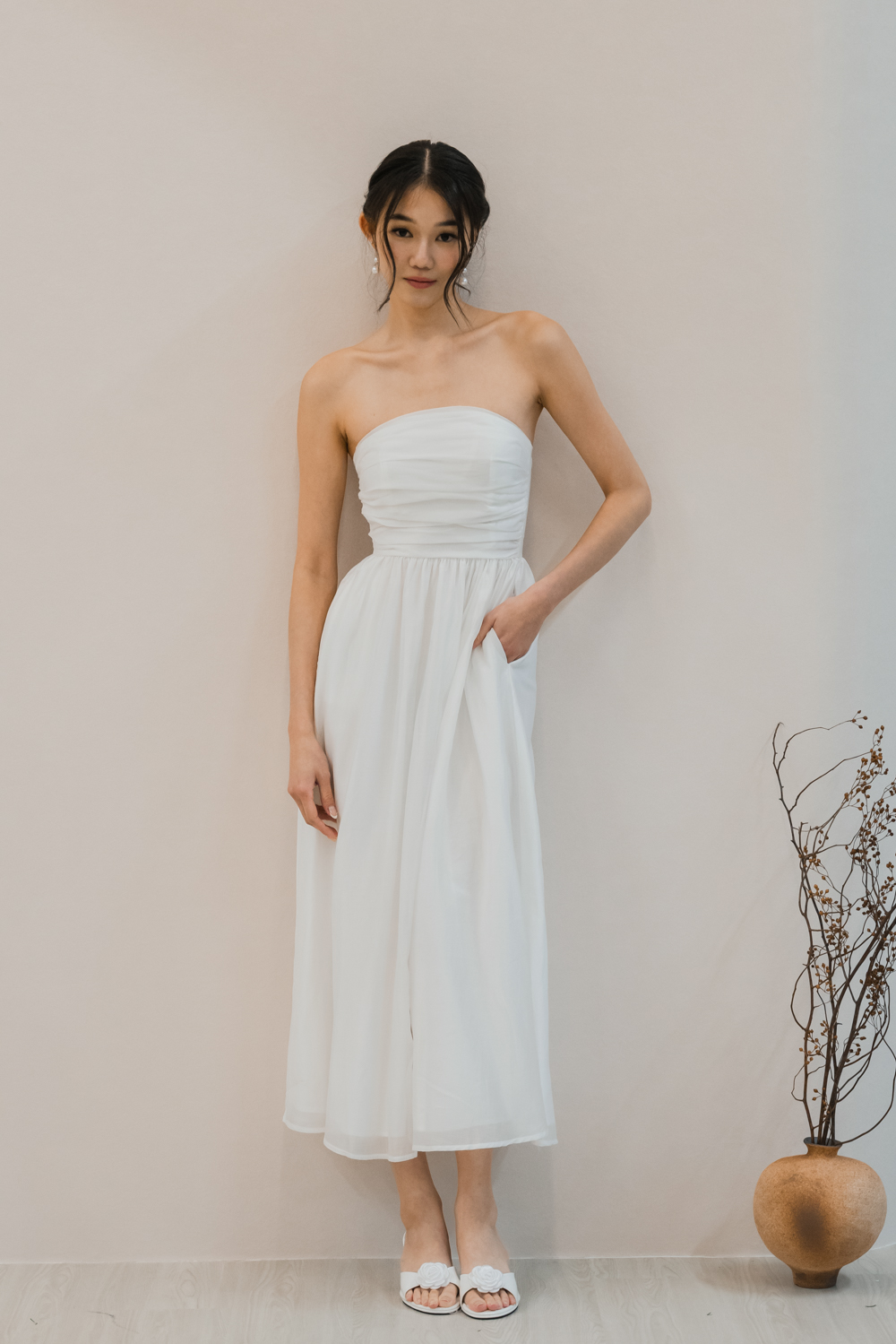 Edith Ruched Midi Dress (White) | Carrislabelle