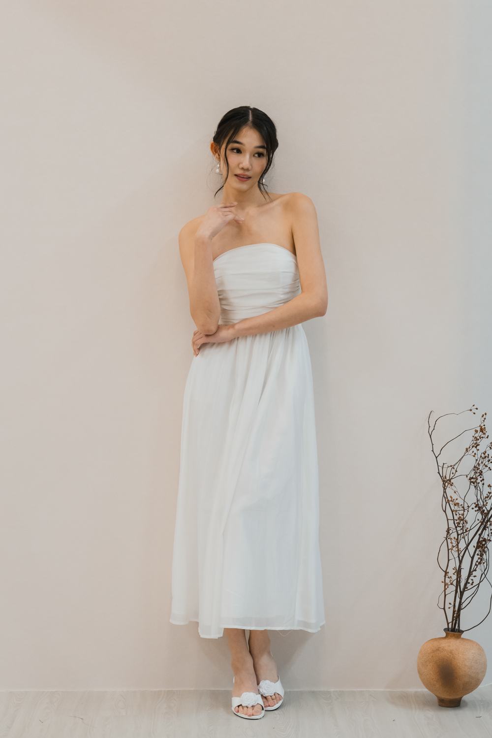 Edith Ruched Midi Dress (White) | Carrislabelle