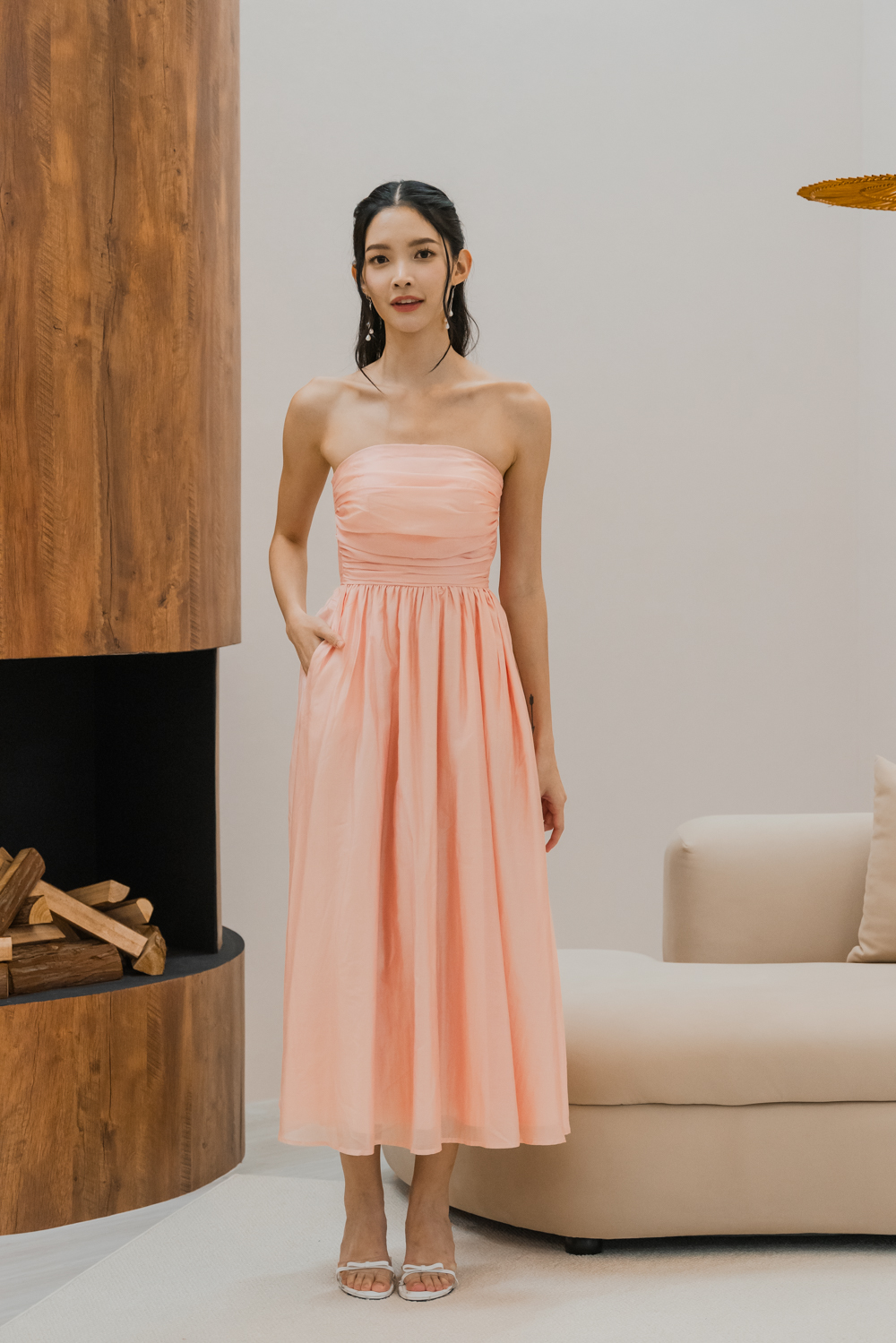 Edith Ruched Midi Dress (Pink) | Carrislabelle