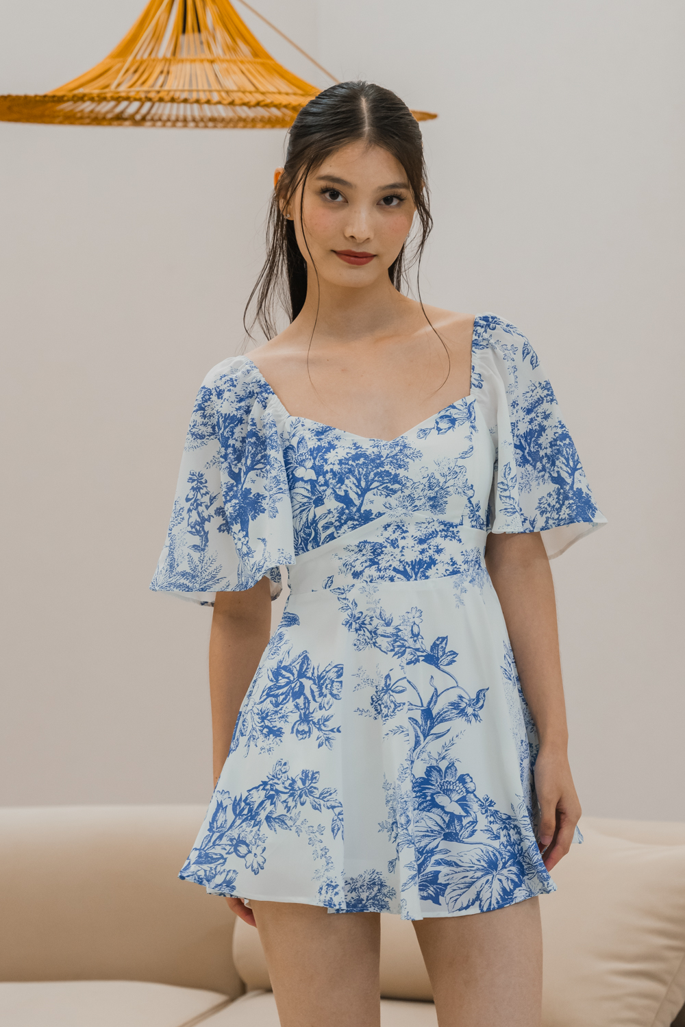 Yasmin Sleeved Floral Padded Romper Dress (Dark Blue) | Carrislabelle