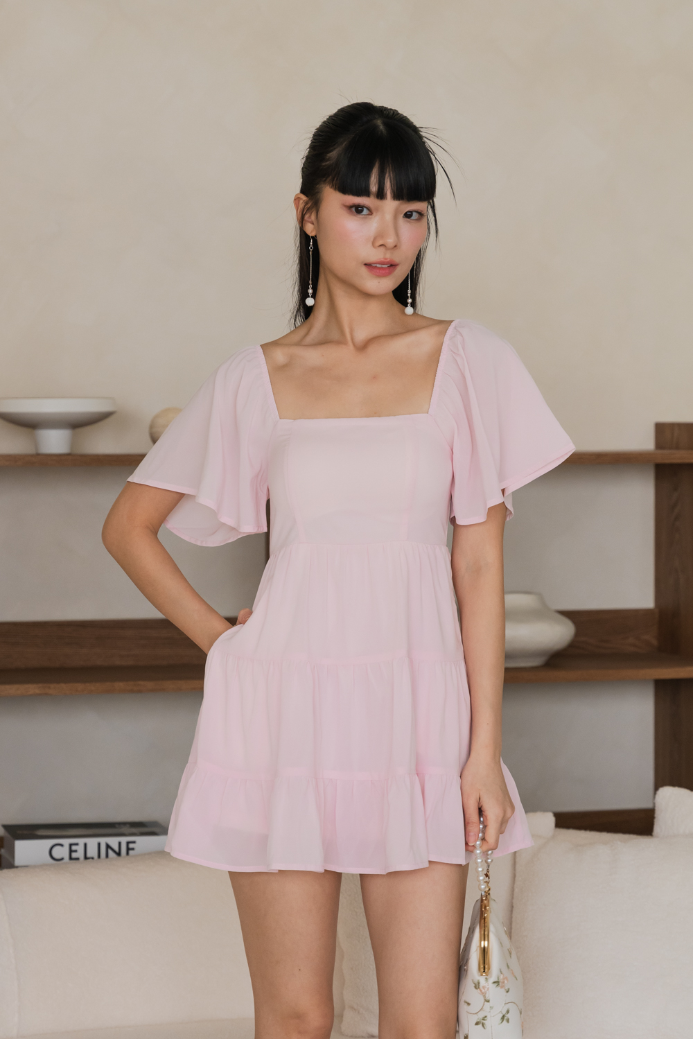 [SLEEVED] Kaelyn Padded Tier Romper Dress (Baby Pink) | Carrislabelle