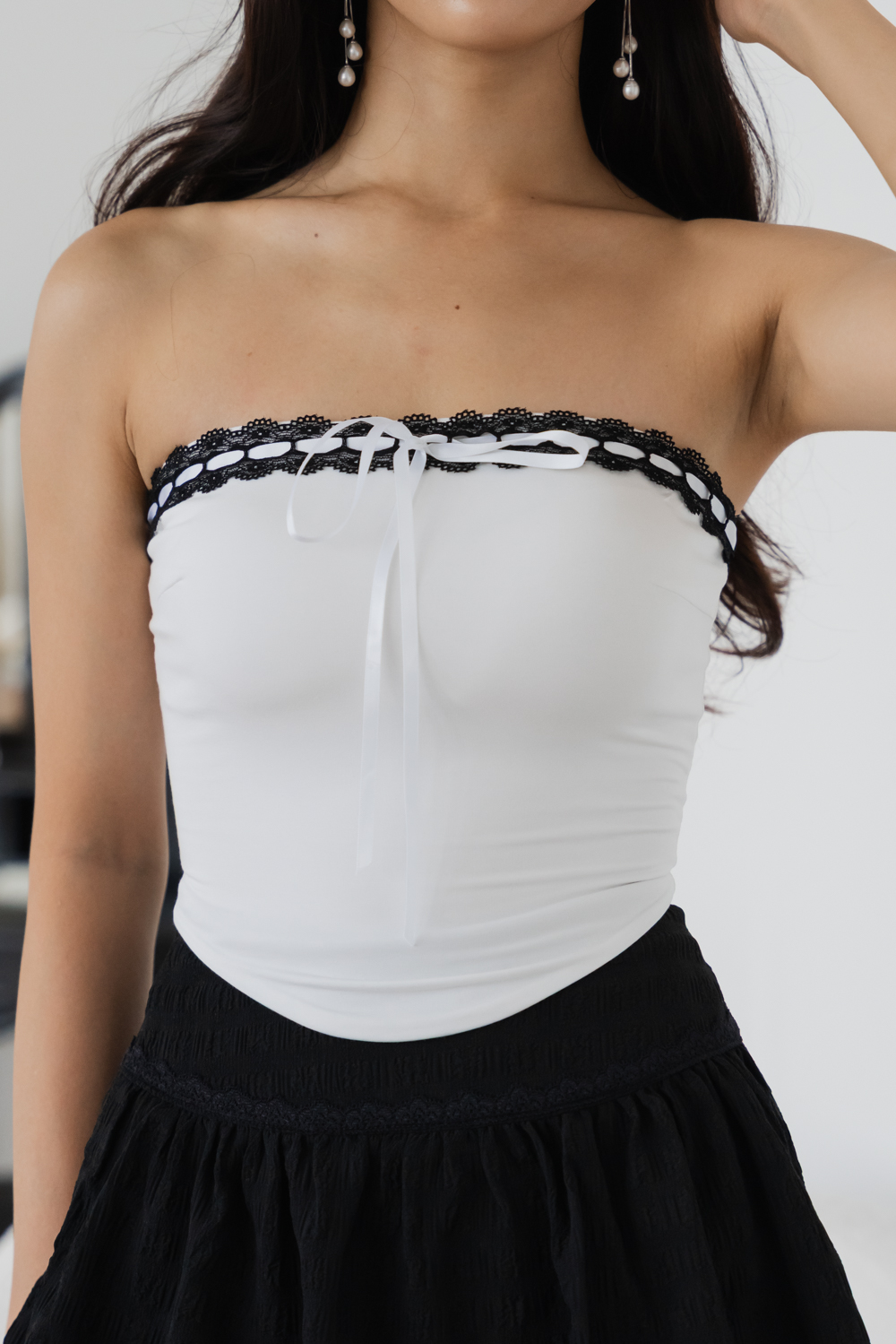 Raeli Lace Ribbon Padded Top (White) | Carrislabelle
