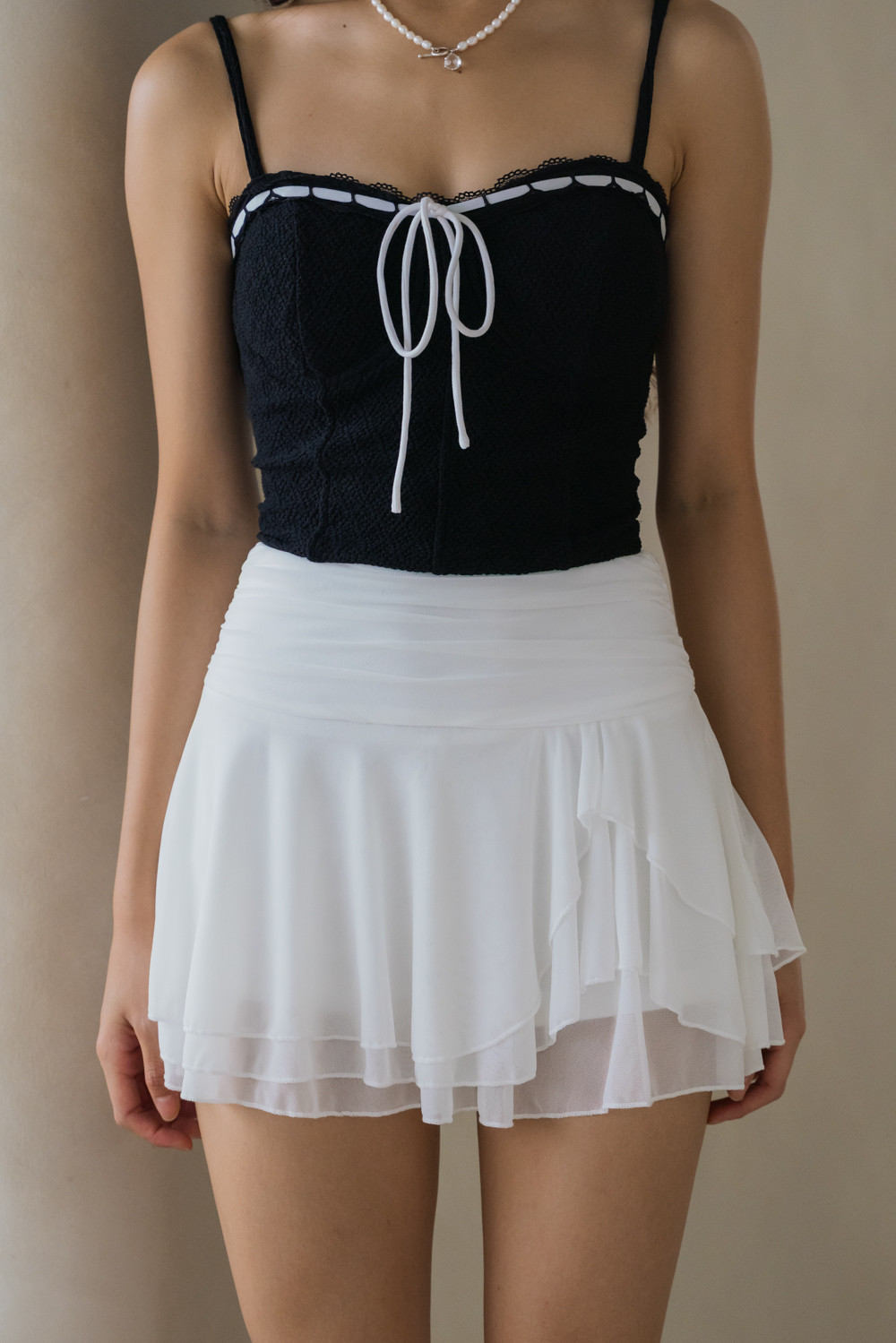 Aureline Mesh Ruffle Skorts (White) | Carrislabelle