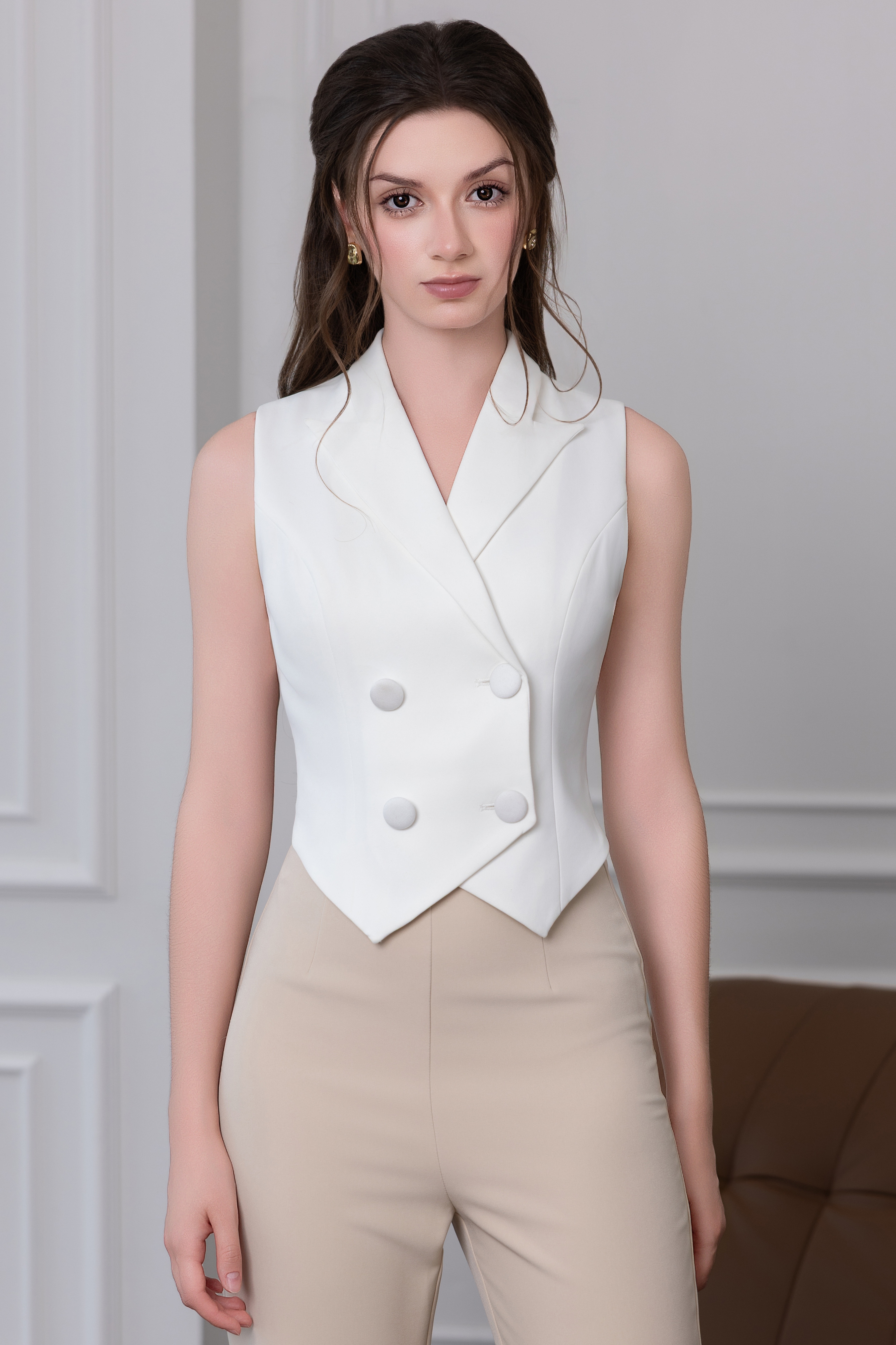Anna Button Vest Padded Top (White) | Carrislabelle